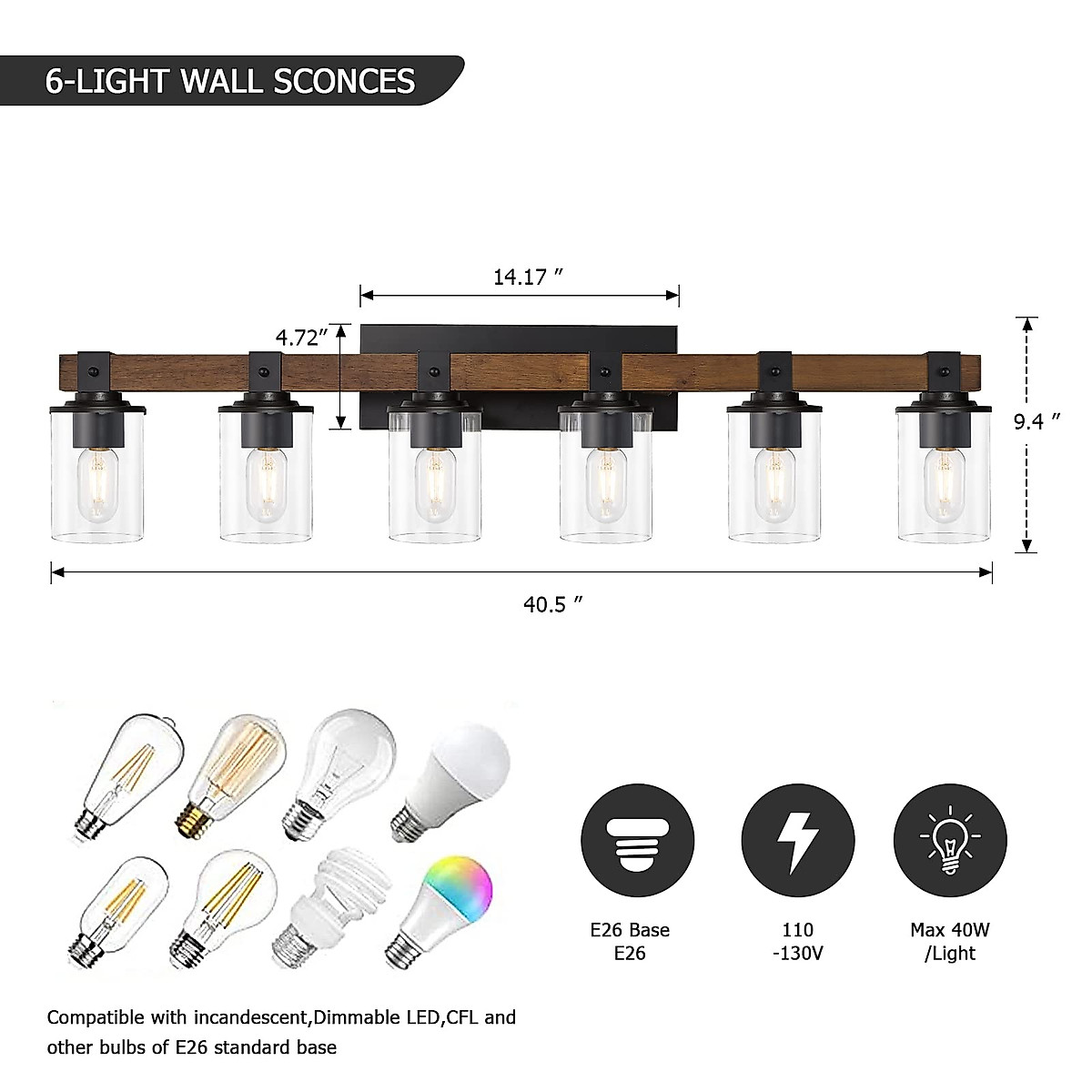 DUJAHMLAND 6-Light Wood Vanity Light,40.5 inch Farmhouse Bathroom Metal Wall Sconce with Cylinder Clear Glass Shade,Industrial Wall Light Fixtures for Hallway,Kitchen,Bedroom(Wood, 6-Light)
