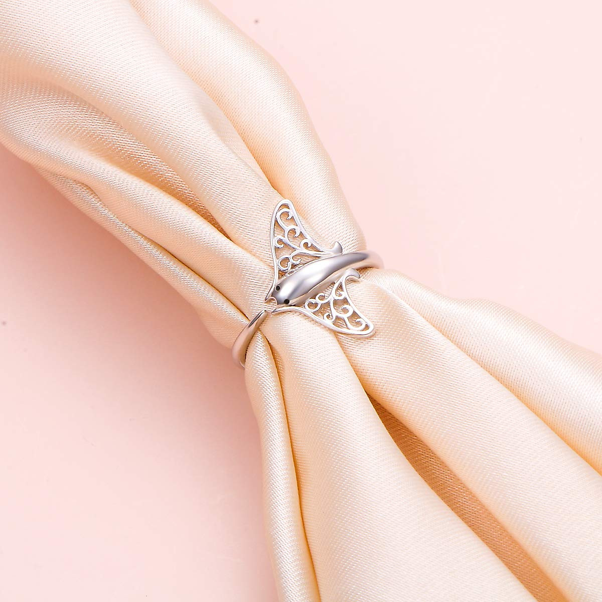 Ladytree S925 Sterling Silver Stingray Sea Animal Open Ring Manta Ray Tree of Life Adjustable Bypass Nature Ocean Ring,Size 7