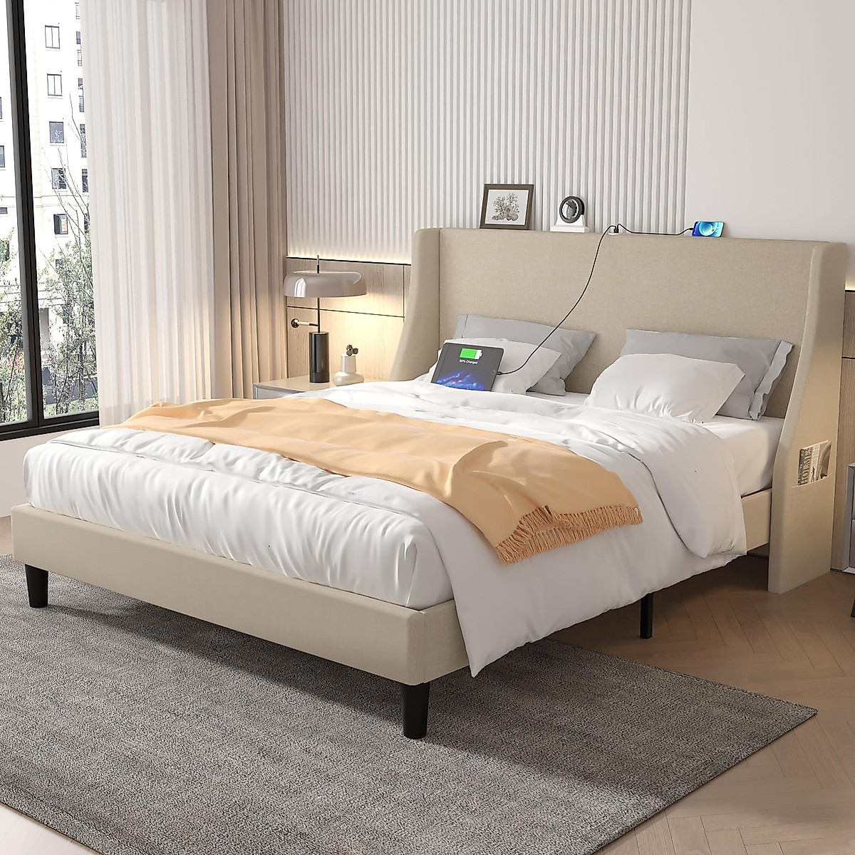 VECELO Queen Bed Frame with Upholstered Wingback Headboard, Heavy-Duty Platform Bedframe with Charging Station & Side Pockets, No Box Spring Needed, Light Beige