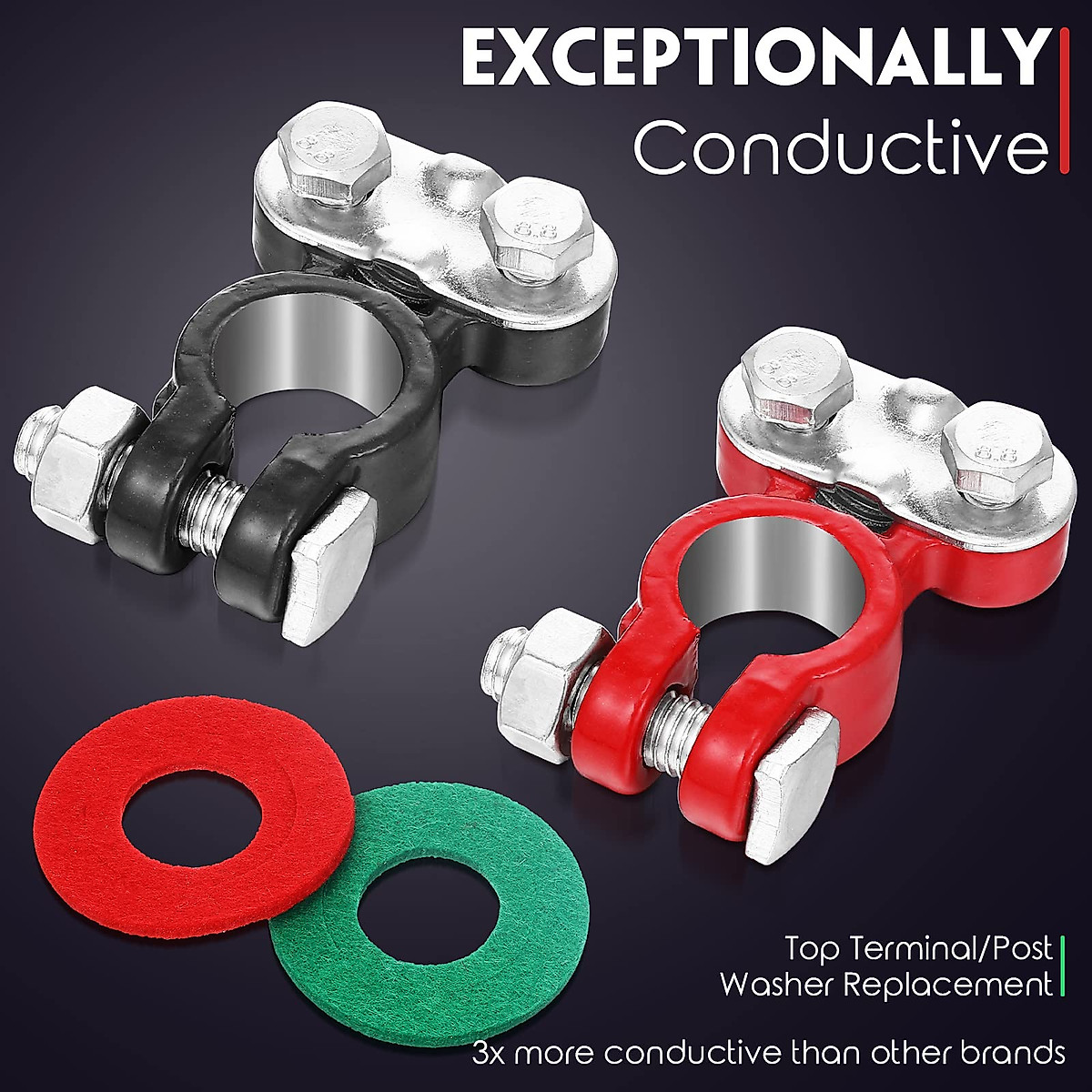 Tallew 4 Pieces Battery Terminals Connector 2 Packs Zinc Plated Car Battery Cable Terminal Connector Top Terminal 2 Pairs Anti Corrosion Terminal Washer Fiber (Black, Red)