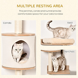 PawHut 4-Level Wall-Mounted Cat Tree Activity Tower, Wall Cat Shelves with Sisal Rope Scratching Posts, Cat Condo and Bed, Light Brown