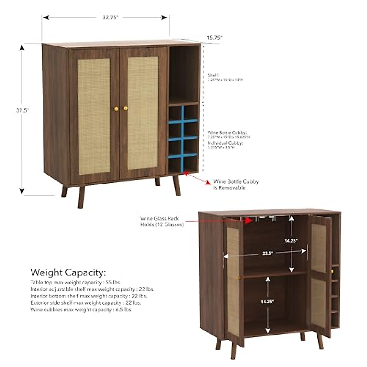 Atlantic Loft & Luv Remy Boho Mid-Century Bar Cabinet with Natural Rattan Panels with Storage, Walnut Finish