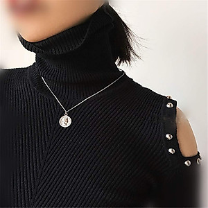 Dtja Carved Coin Pendant Necklace for Women Men 18K White Gold Plated Simple Round Chain Goddess Worship Celebrity Medal Reversible Keepsake Chic Choker Fashion Jewelry Gifts Box