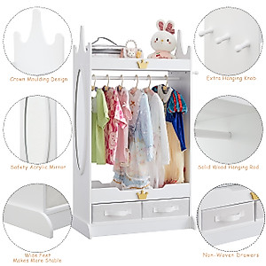 GTOLV Kids Dress Up Storage with Mirror, Kids Armoire with Non-Woven Drawers, Open Costume Closet with Hanging Rack for Toddlers (White)