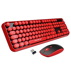 FOPETT Wireless Keyboard and Mouse Combo, 104 Keys Full-Sized 2.4 GHz Round Keycap Colorful Keyboards, USB Receiver Plug and Play, for Windows, Mac, PC, Laptop, Desktop (Black Red)