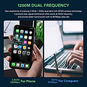 USB WiFi Adapter, XDO 1200Mbps Wireless Network Adapter USB 3.0 Dual Band 2.4GHz/5GHz 5dBi High Gain Antenna 802.11ac for PC Desktop Laptop Support Windows 11/10/8/7/Vista/XP Mac OS 10.9-10.15