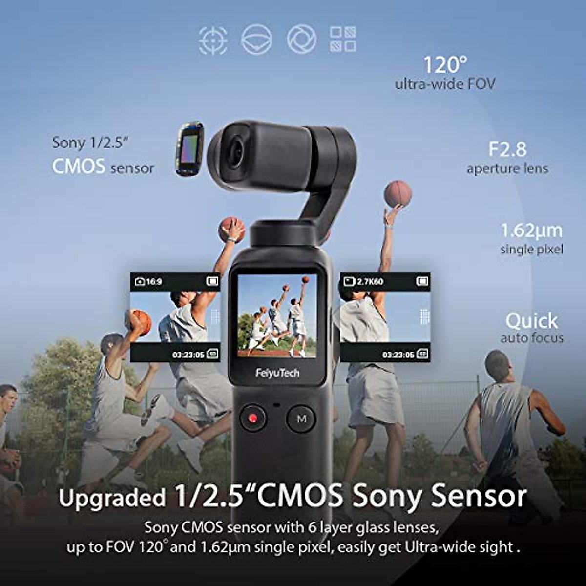 3-Axis-Pocket-Handheld-Gimbal-Stabilizer with UHD 4K Camera for Vlog YouTube Live Video Recording with Zero Delay Autofocus POV All Follow Mode Time-Lapse Sync Motion (Feiyu-Pocket-Handheld-Gimbal)