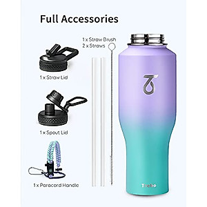 Trebo 40oz Insulated Water Bottle that Fits in Cup Holder, Stainless Steel Double Wall Tumbler Bottles with Paracord Handle, Flask with Straw Spout Lids, Keep Cold for 48 Hrs/Hot 24 Hrs,Cotton Candy