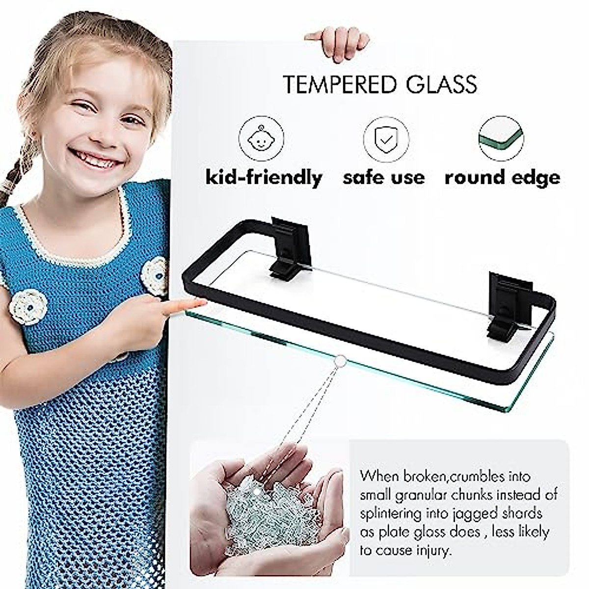 KES Bathroom Wall Shelf Aluminum Extra Thick Tempered Glass Rectangular 1 Tier Basket Wall Mounted Black, A4126A-BK