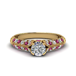 CustomizedGifts 2 Row Milgrain Diamond Ring yellow gold plated Created Pink Sapphire Round shape Pink color Vintage Engagement Rings bezel Setting in Size 5 Handcraft Chakra Healing