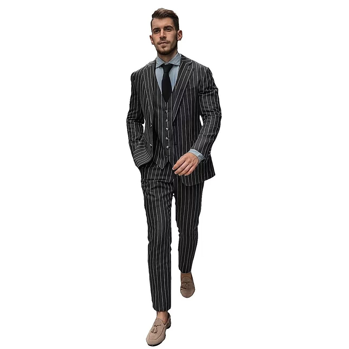Wangyue Pinstripe Suit for Men 3 Piece Suits Black Formal Wedding Prom Business Suits Birthday Gift for Son Size XXS