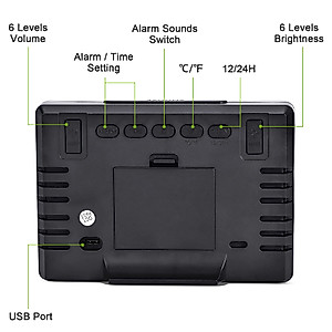 Amgico Digital Alarm Clock with Snooze, Small Clock/Table Clock, 6.3" LED Digital Calendar, 12/24H, Adjustable Brightness/Volume, Desk Clock for Bedroom, Living Room, Office - Black