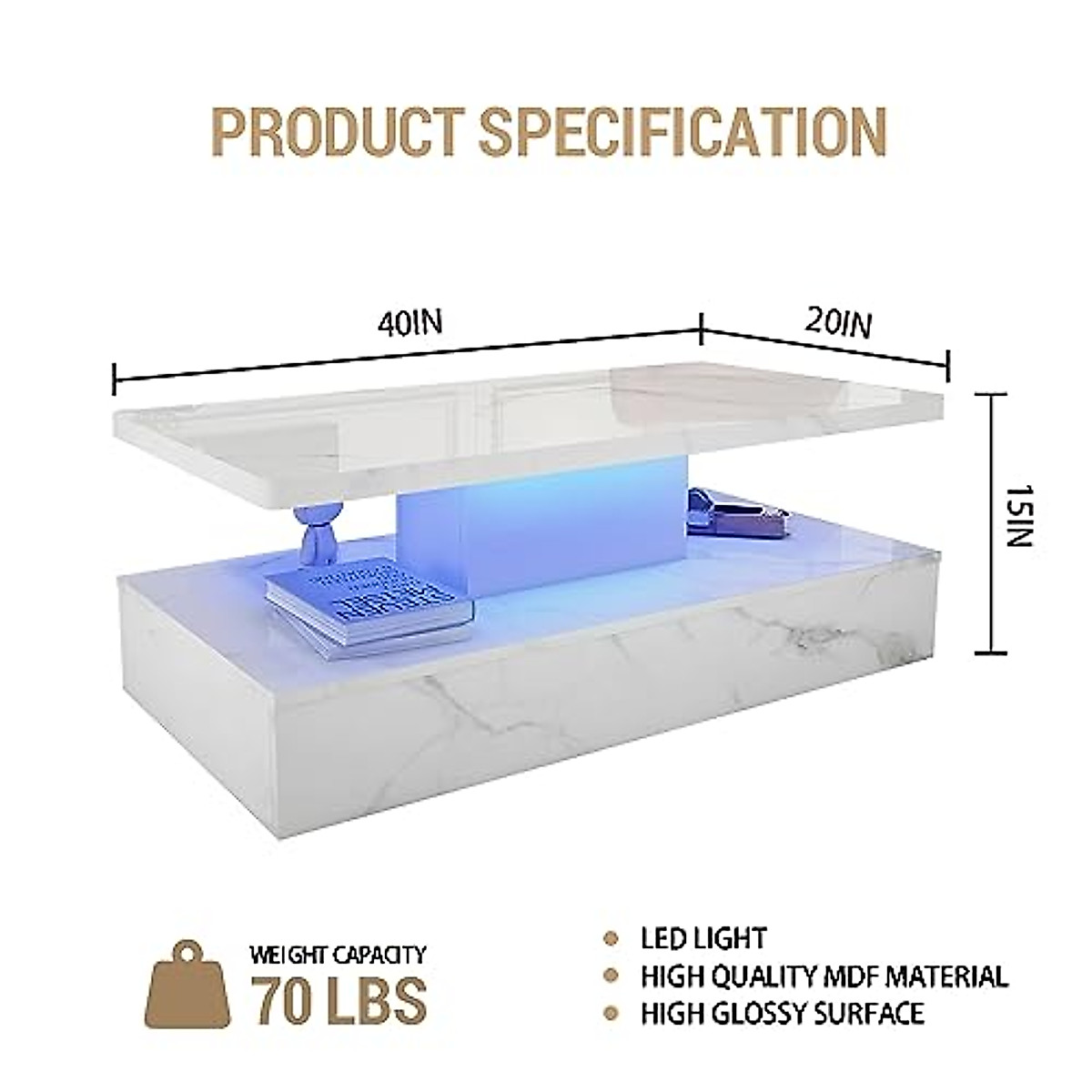 Tesquad Marble LED Coffee Table, Modern LED Coffee Table with High Gloss Surface, Modern White Living Room Table LED Light High Glossy Center Table for Living Room
