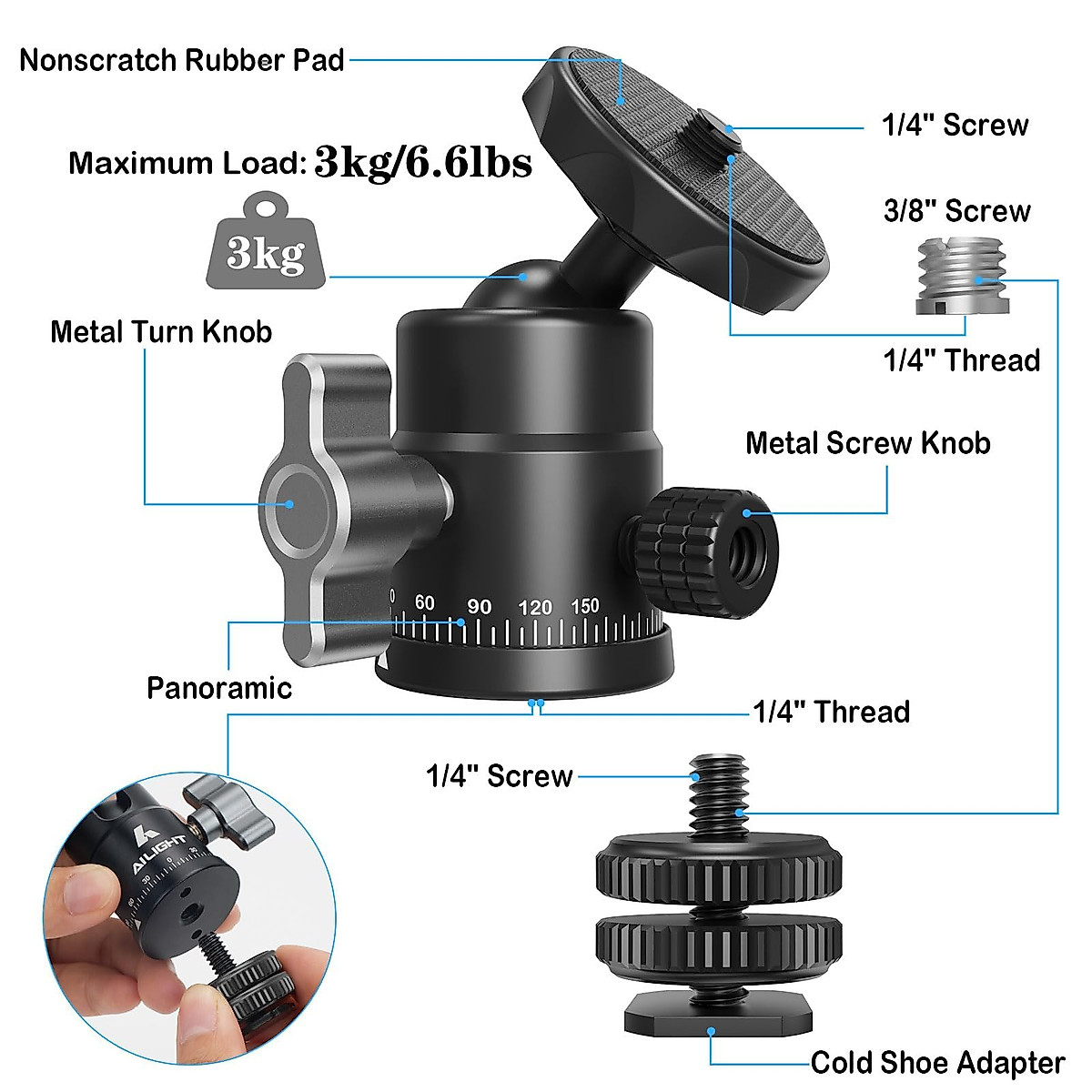 Mini Ball Head, Panoramic Tripod Head DSLR Camera Hot Shoe Mount + 1/4 3/8 Screw, 360° Rotatable Tripod Ball Head Photograph Accessories for Cameras Gopro Camcorder Smartphone Light