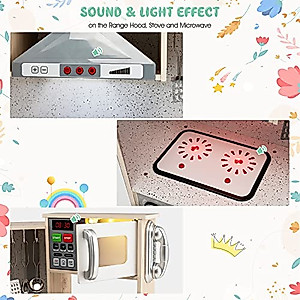 HONEY JOY Kids Wooden Kitchen Playset with Range Hood, Microwave, Sink, Utensils, Phone - With Lights & Sounds