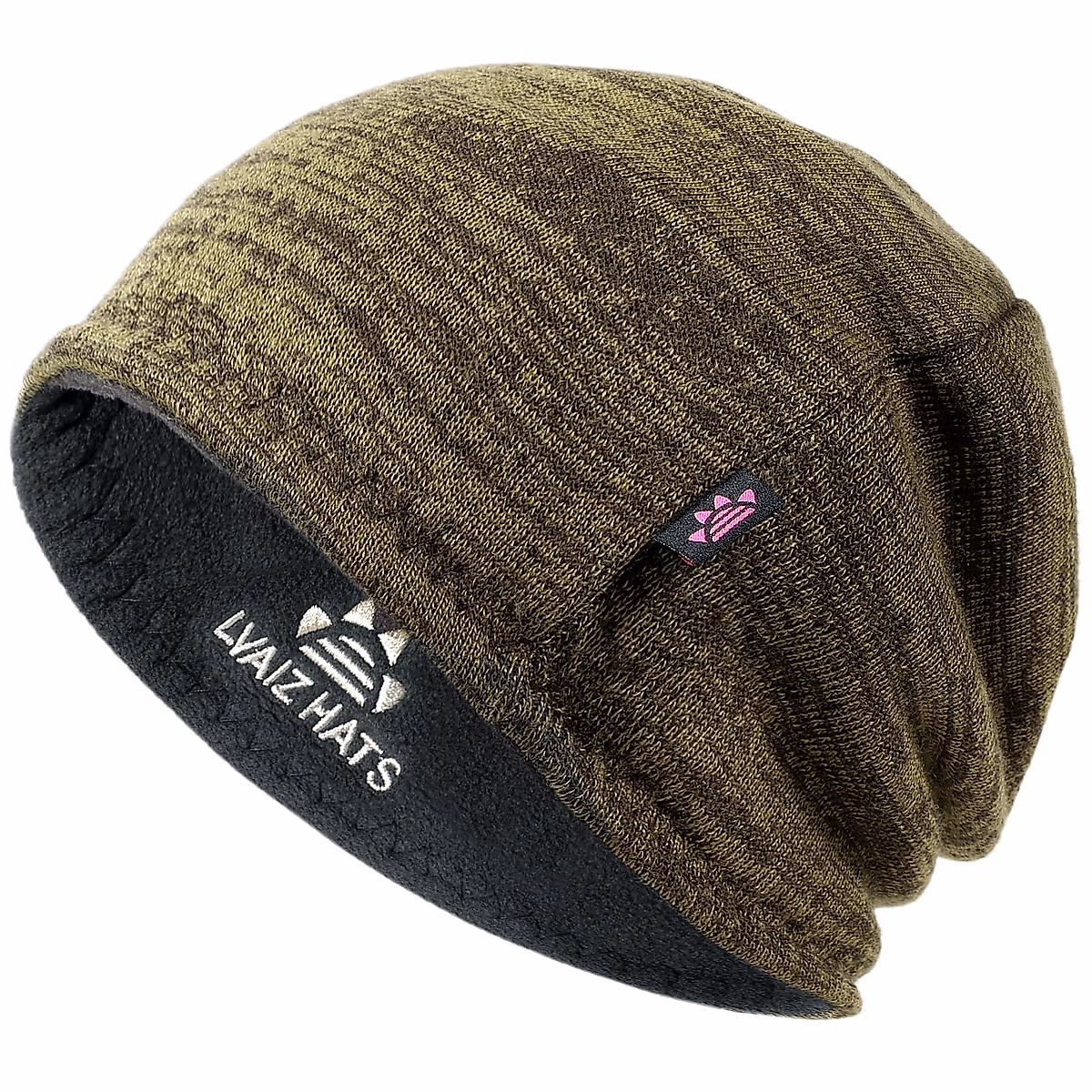 Lvaiz Winter Fleece Lined Knitted Beanie Hats for Men Reversible Windproof Watch Hat Warm Skull Cap for Women(Khaki+Grey)