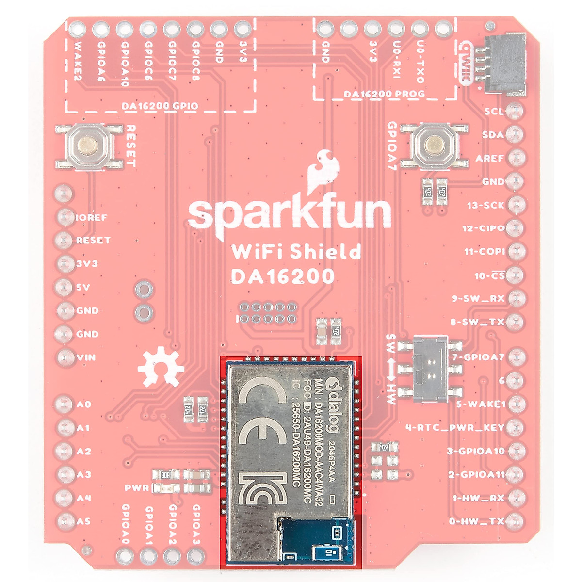 SparkFun Qwiic WiFi Shield - DA16200 -Ultra Low Power IOT WiFi Module -4MB Flash Memory -Qwiic Connector -Internet of Things -RTC Clock -On-Board chip Antenna -Three Ultra Low Power Sleep Modes