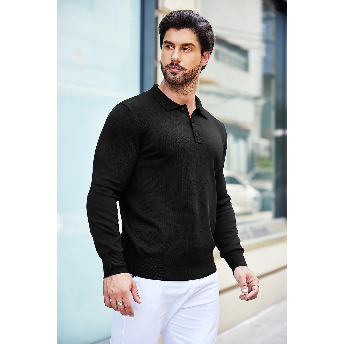 COOFANDY Men's Knit Polo Shirt Long Sleeve Vintage Golf Shirt Lightweight Sweater Black