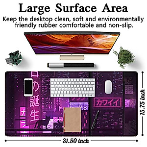 Purple Gaming Mousepad Japanese Desk Mat XXL Extended Anime Cool Large Mouse Pad Keyboard Mouse Mat Desk Pad for Computer Laptop Gamers 31.5''X15.7'' Non-Slip Rubber Base with Stitched Edges
