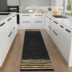 GRUHUM Jute Runner Rug 2'6"x 8' ft Natural Fibre Black Rectangular Jute Area Rug Leather Handwoven Boho Farmhouse Braided Rustic Vintage Eco Friendly Rug Kitchen Livingroom Bedroom Hallways Enterways