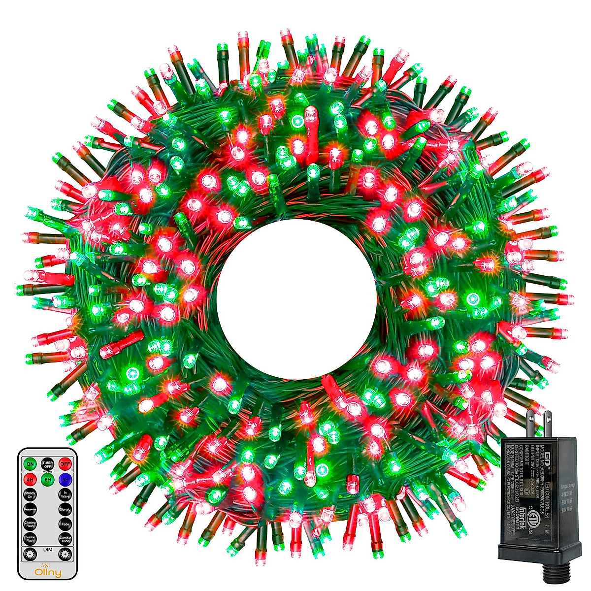 Ollny Christmas Lights, 500LED 164FT Long Christmas Tree Lights with 8 Modes Remote Timer IP44 Waterproof, Outdoor Christmas Lights for Tree House Yard Outside Xmas Decorations (Red+Green)