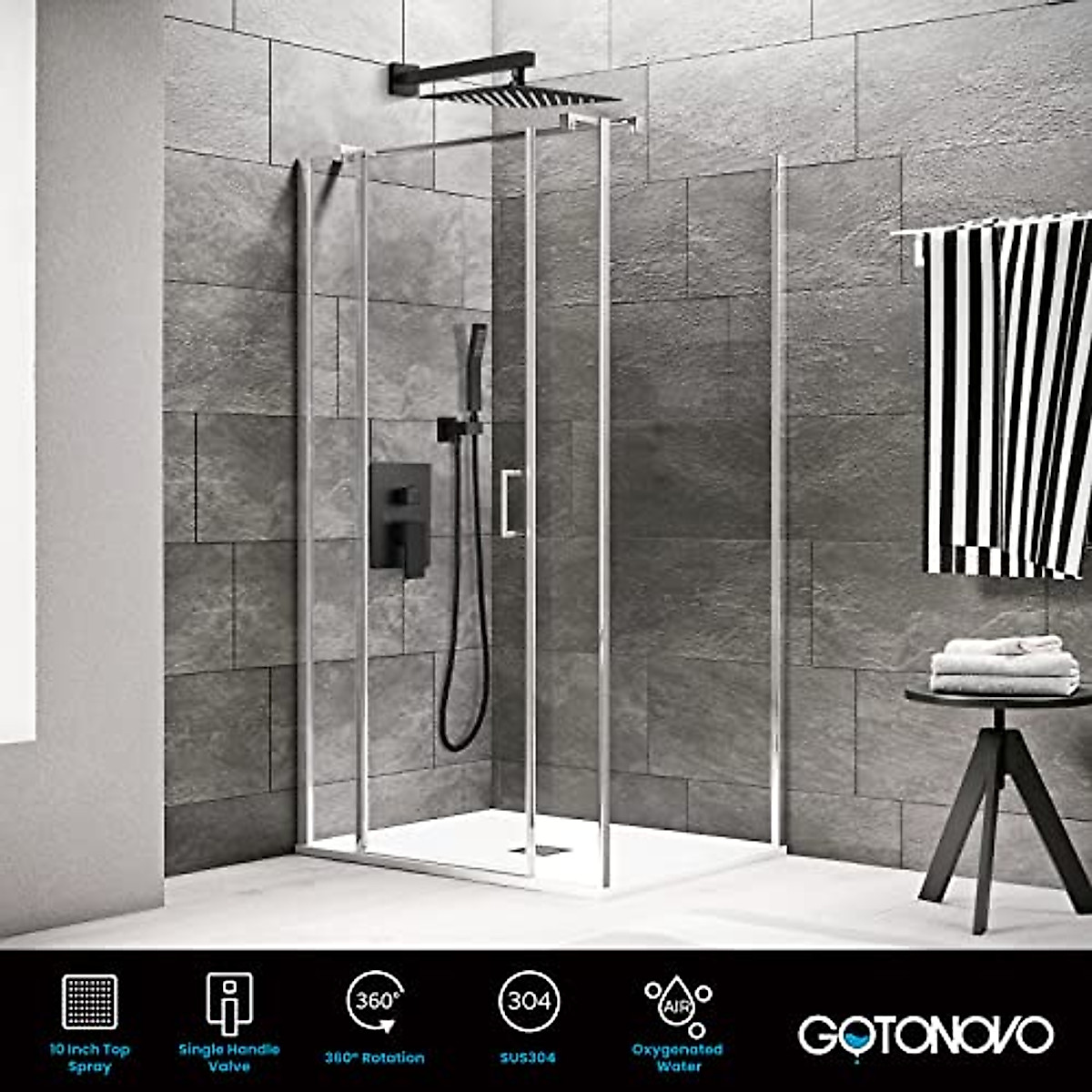 gotonovo Rainfall Shower System Matte Black with High Pressure 10 inch Shower Head Hand Held Square Shower Head Bathroom Luxury Rain Mixer Shower Complete Combo Set Wall Mounted