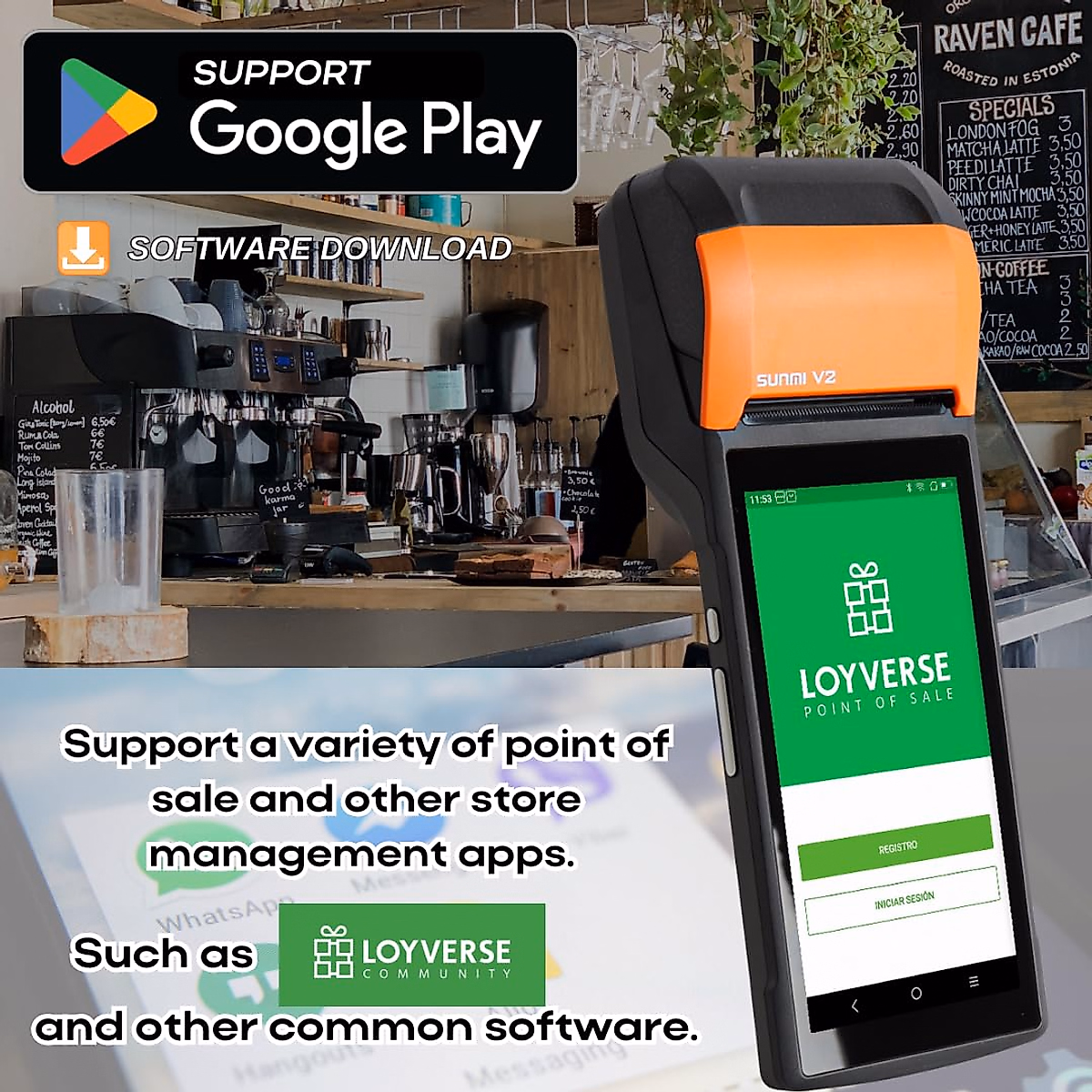 Multzo POS PDA Receipt Printer 58mm High Speed Thermal Printer with Android 12, 5.45’’ Touch Screen. Handheld Mobil SUNMI Point of Sale Tablet. Scan 1D/2D barcodes. (Black + Orange)