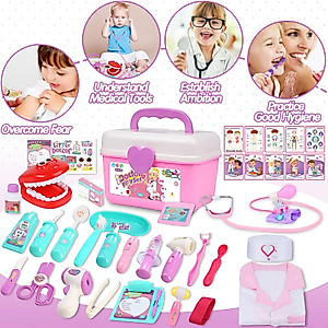 Gifts2U Doctor Kit for Toddlers 3-5, Medical Pretend Play Toys with Gift Case, 42 Piece Dentist Playset Kit for Kids,for Christmas Birthday Gift(Pink)