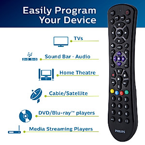 Philips Universal Remote Control, Universal TV Remote Replacement, Samsung TV Remote Control Universal, for Roku Remote Replacement, Vizio, LG, Sony, Apple TV, Smart TVs, 4 Device, Black, SRP9243B/27