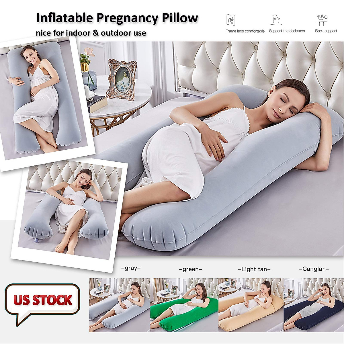 PINGJING Updated Large Inflatable Pillow Flocked Fabric Pregnancy Pillow Maternity Pillow Nursing Pillow Sleeping Pillow Body Pillow Travel Pillow Home Use & Outdoor Use 55'' US Stock (GRAY)