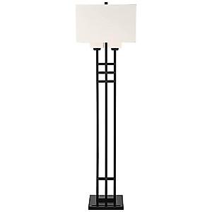 Franklin Iron Works Winslow Modern Industrial Floor Lamp 64" Tall Matte Black Metal 3-Light Rectangular Linen White Frosted Glass Shades for Living Room Reading Bedroom Office Family House Home