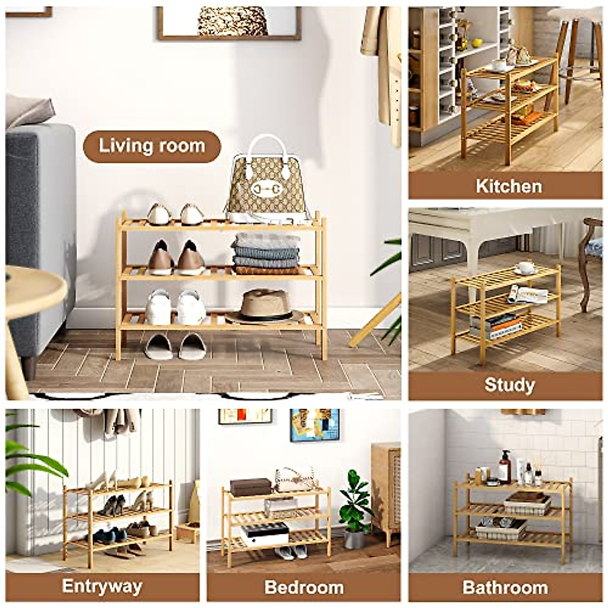FILWH Bamboo Shoe Rack Stackable Shoe Shelf Storage Organizer for Unit Entryway Hallway and Closet Sturdy Freestanding Shoe Shelf Natural (3 Tier)