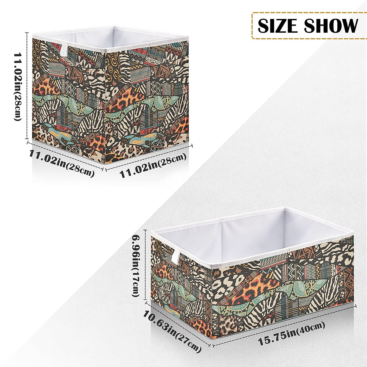 Vnurnrn Cube Storage Bins African Pattern Patchwork, Collapsible Storage Box with Support Board, Foldable Fabric Basket for Shelf Closet Cabinet 11.02×11.02×11.02 in
