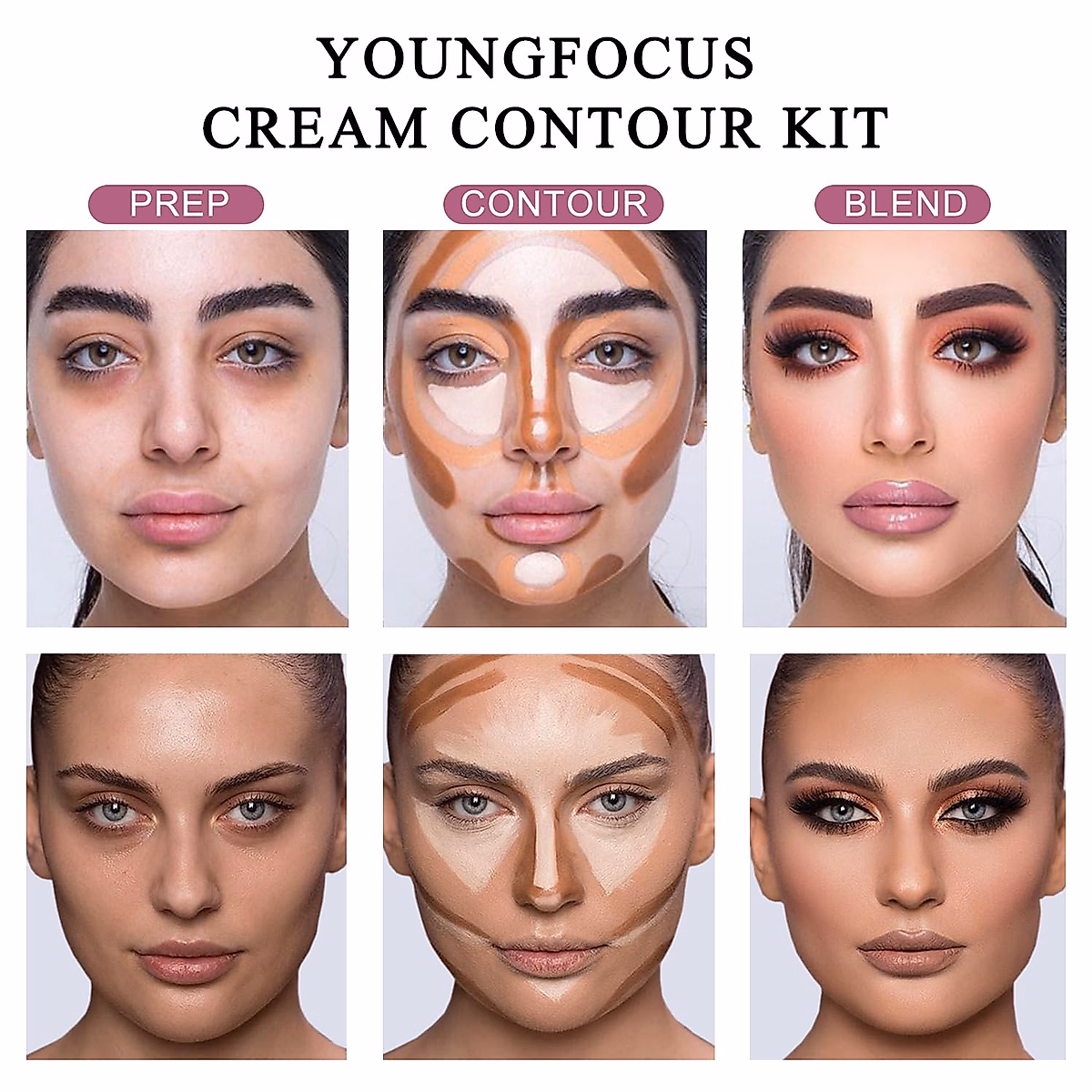 Youngfocus Cosmetics Cream Contour Best 8 Colors Contouring Foundation - Highlighting Makeup Kit/Concealer Palette - Vegan, Cruelty Free and Hypoallergenic - Instruction Manual（Face Blushes）