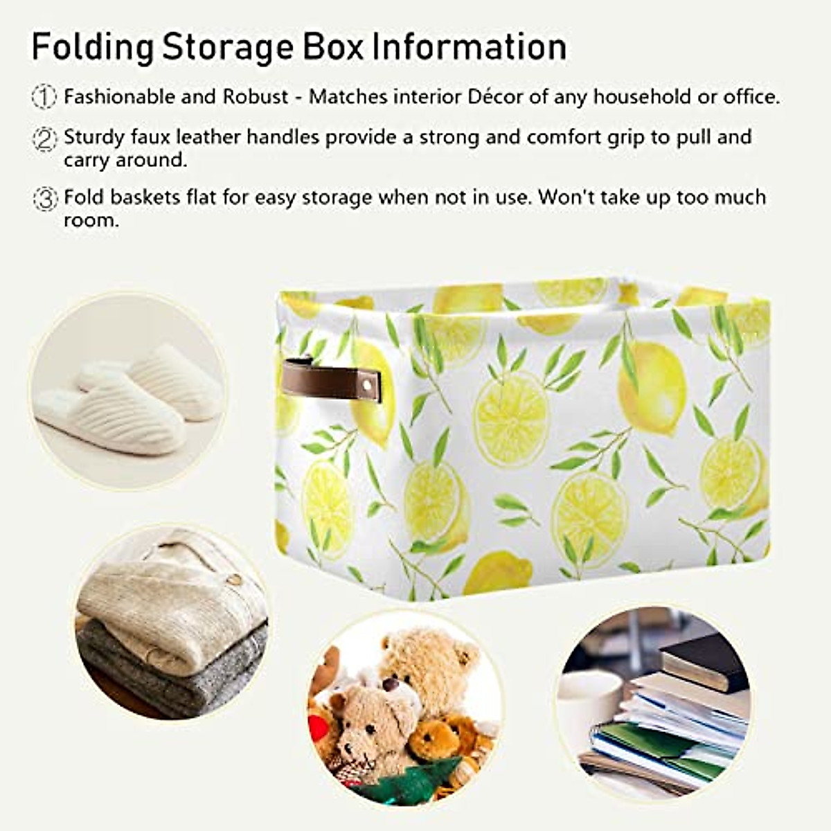 xigua Fresh Lemons Pattern Square Storage Basket,Collapsible Sturdy Fabric Storage Basket Cube W/Handles for Clothes Toy Closet(1 pcs)