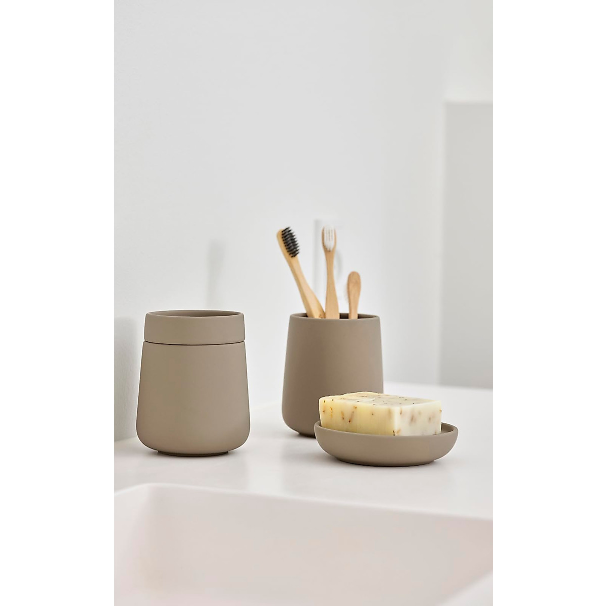 Zone Denmark Nova One Ceramic Storage Box with Lid for Bathroom Utensils such as Cotton Pads & Cotton Buds Diameter 3.3", Height 3.39", Capacity 290 ml,Taupe