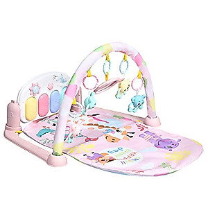HONEY JOY Baby Play Mat, Kick & Play Piano Tummy Time Gym Fitness Playmat, 4 Rattle Pendants and 1 Mirror, Newborn Deluxe Music Activity Center for Toddler Infants (Pink)