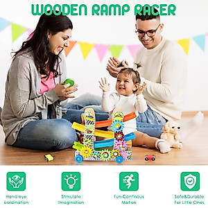 Wooden Race Track for Toddlers, 3 in 1 Wooden Car Ramp with 4 Mini Racer Cars and 8 Turnable Gears. Educational Montessori Toys for 2 3 4 5 Year Old Boys Girls