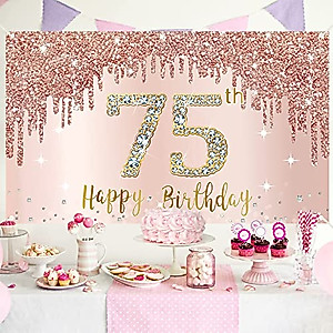 Happy 75th Birthday Banner Backdrop Decorations for Women, Rose Gold 75 Birthday Party Sign Supplies, Pink 75 Year Old Birthday Poster Background Photo Booth Props Decor