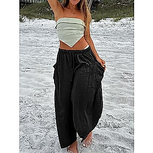Aiwpstoin Women Wide Leg Linen Pants Summer Casual Drawstring High Waisted Palazzo Harem Pants with Pockets (as1, Alpha, x_l, Regular, Regular, Black)