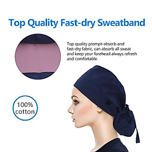 QBA Adjustable Working Cap with Button, Cotton Working Hat Sweatband, Elastic Bandage Tie Back Hats for Women & Men, One Size (Navy PT)