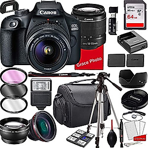 Canon EOS 4000D DSLR Camera with 18-55mm f/3.5-5.6 Zoom Lens , 64GB Memory,Case, Tripod and More (28pc Bundle) (Renewed)