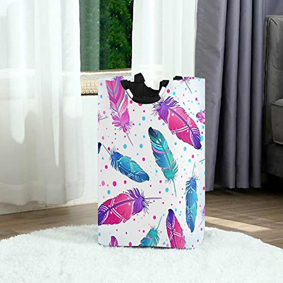 Qilmy Large Laundry Basket Collapsible Clothes Hamper, Waterproof Nursery Storage Bin with Handle Clothing Baskets for Bedroom Bathroom, Bohemian Feather Style