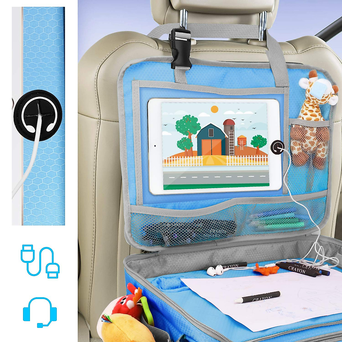 Zooawa Kids Travel Tray Car Seat Trays, Detachable 4 in 1 Toy Storage Organizers Bag iPad Kindle & Other Tablets Holder for Toddlers -Blue