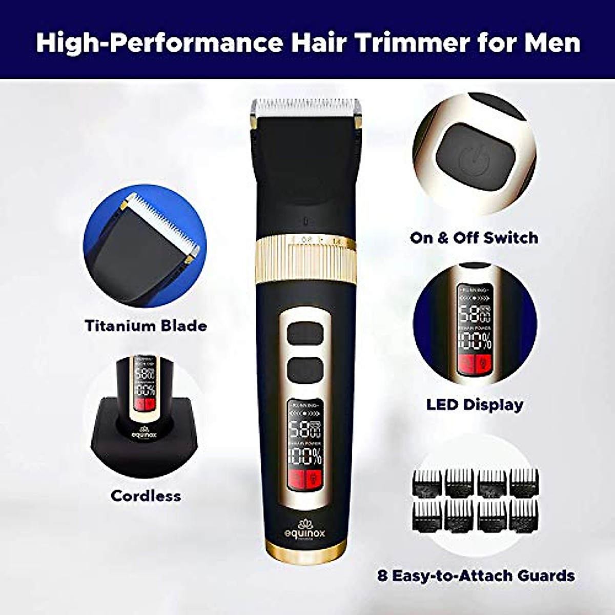 Equinox International, Beard Trimmer for Men - Hair Trimmer - Professional Electric Shaver with Men's Grooming Kit - Rechargeable, Cordless Clipper for Face and Body -Waterproof - Includes 8 Guards