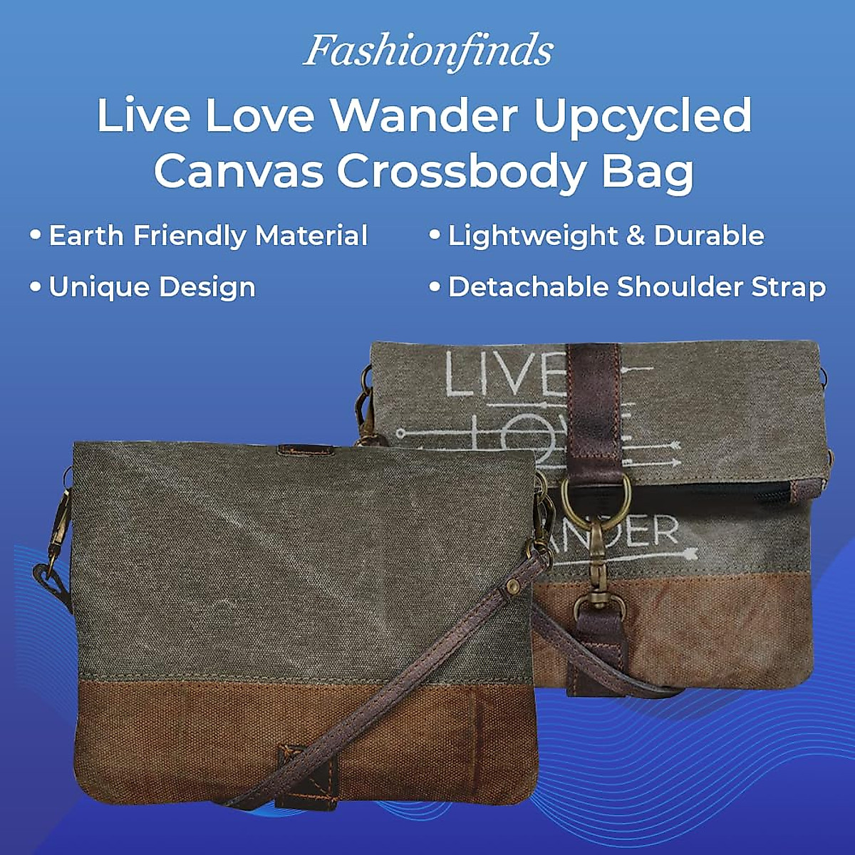 SAGEFINDS Live Love Wander Upcycled Canvas Crossbody Bag | Earth Friendly Materials | Shoulder Purse | Small Clutch | Fold-Over Zip Top | 22” Detachable Strap