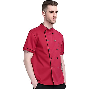 XINFU Unisex Chef Coat Short Sleeve Thin & Comfortable Kitchen Chef Uniform for Men Women, Red A, US:L(Label:3XL)