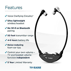 TV Ears 5.8 Digital Wireless Headset System - Long Range, Personal Volume Control, Quiet to Loud, Supports All TVs, Ideal for Seniors & Hearing Impaired, Plug N' Play, No Audio Delay, Dr Rec - 22741