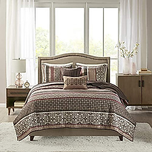 Madison Park Quilt Set Luxurious Jacquard Stripes Design - All Season, Coverlet Bedspread Lightweight Bedding Layer, Shams, Decorative Pillow, Full/Queen(90"x90"), Floral Red 5 Piece