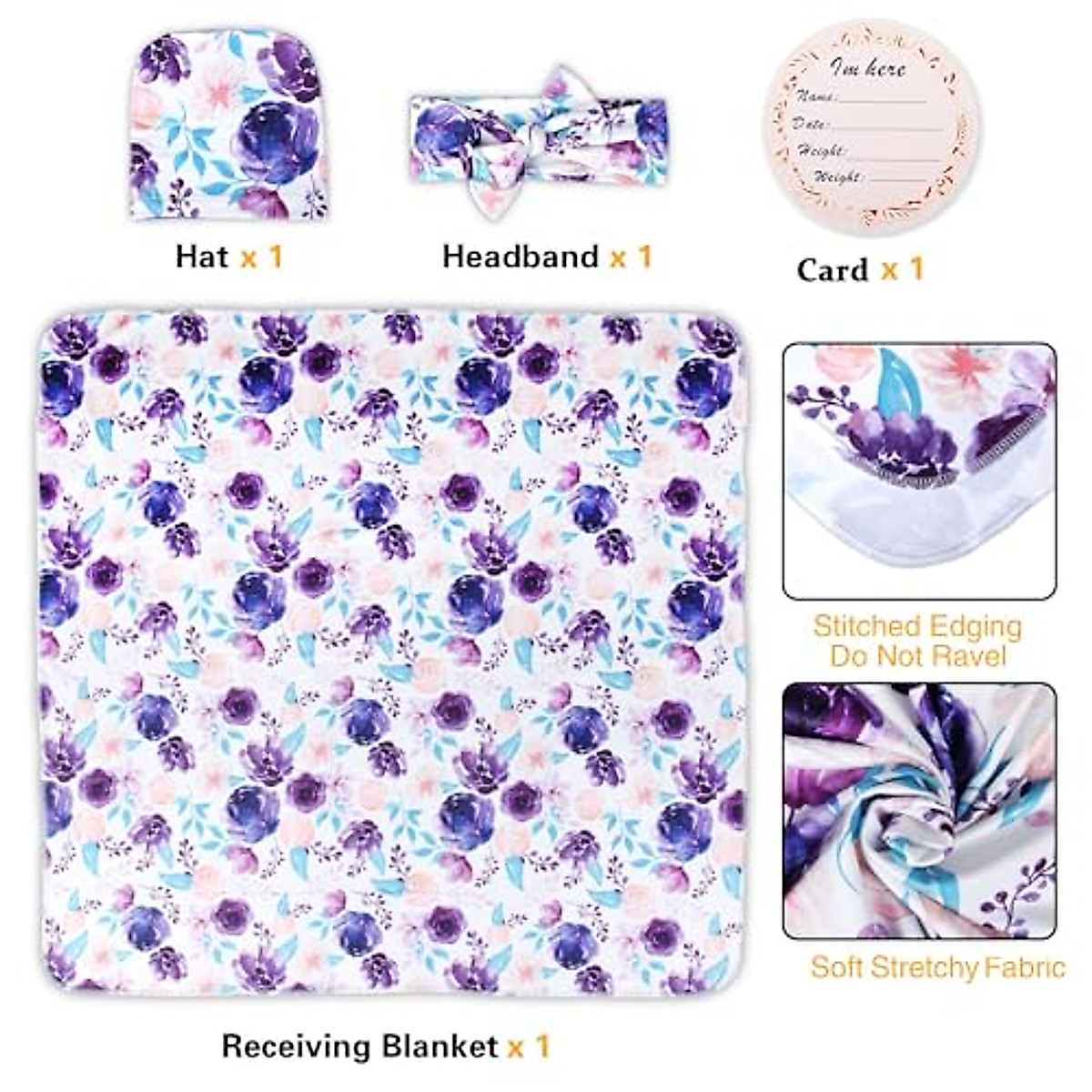 Newborn Receiving Blanket Girl, Stretchy Baby Swaddle Blankets Headband Hat Set, New Born Hospital Outfit Infant Shower Gift, 0-3 Months, Purple Floral